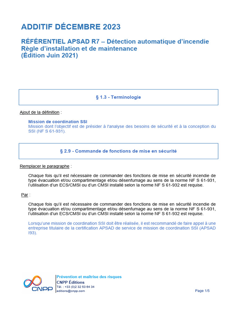 174-Référentiel APSAD R7 - Additif Décembre 2023 | PDF