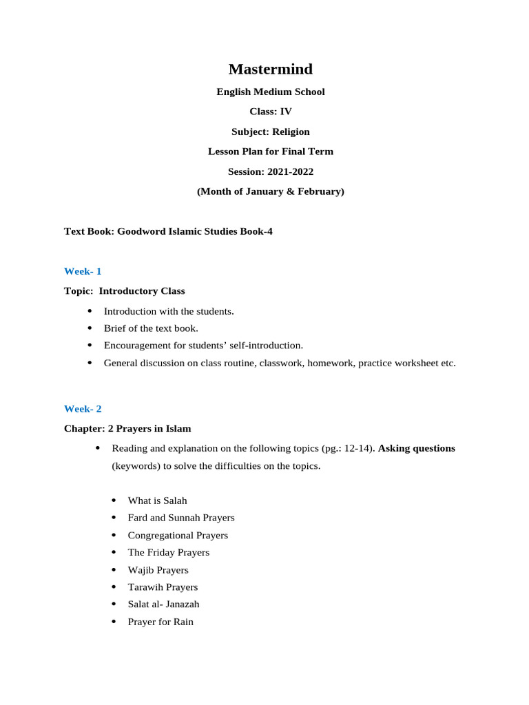 Class IV Religion Lesson Plan: Prayers | PDF | Islamic Fundamentalism ...