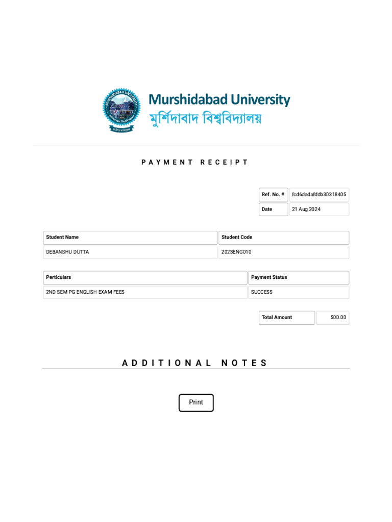 Payment Receipt For Exam Form Fill Up | PDF