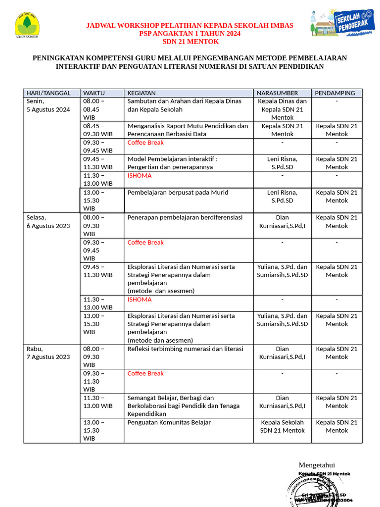 Jadwal Workshop Kepada Sekolah Imbas | PDF