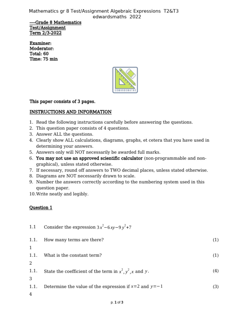GR 8 Edwardsmaths Test or Assignment Algebraic Expressions T2&T3 2022 ...