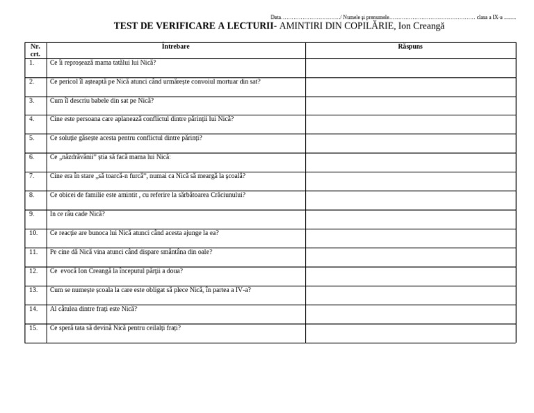 Test Evaluare Lectura Amintiri Din Copilarie Romana | PDF