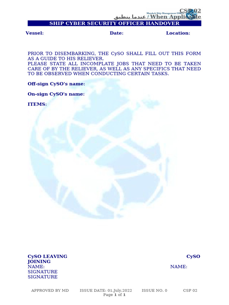 CSP02 - Ship Cyber Security Officer Handover | PDF