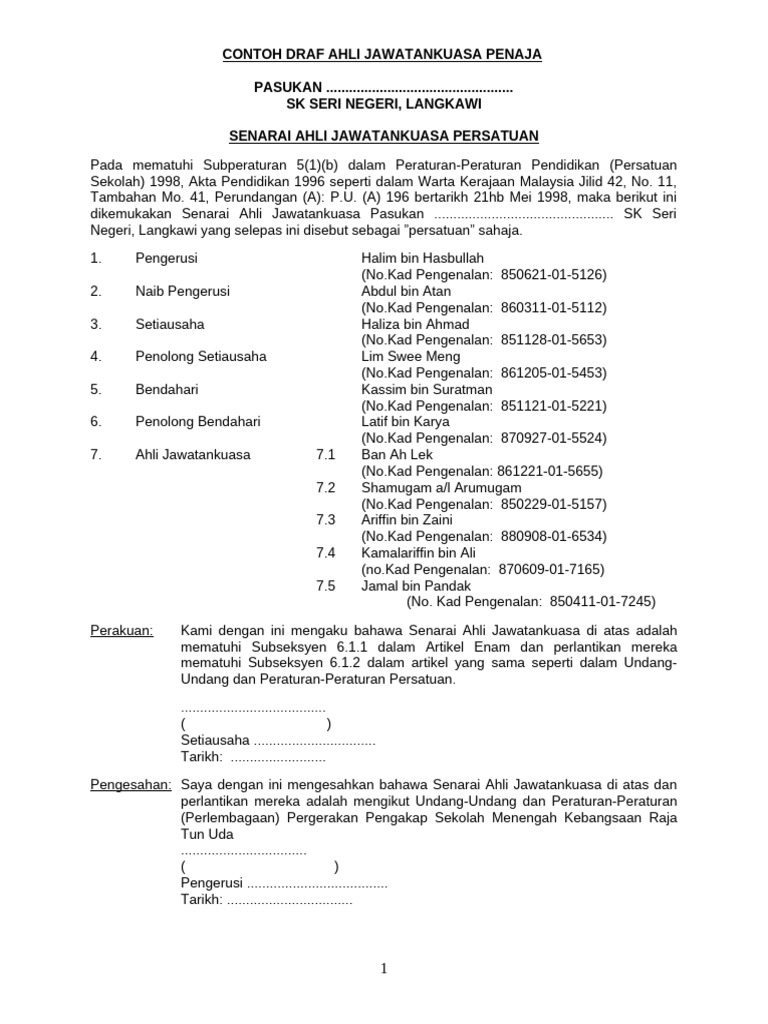 Contoh Draf AJK Penaja | PDF