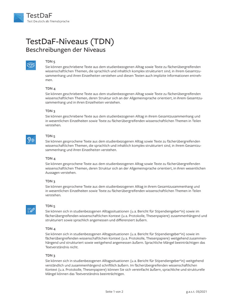 TestDaF Levels Deutsch | PDF