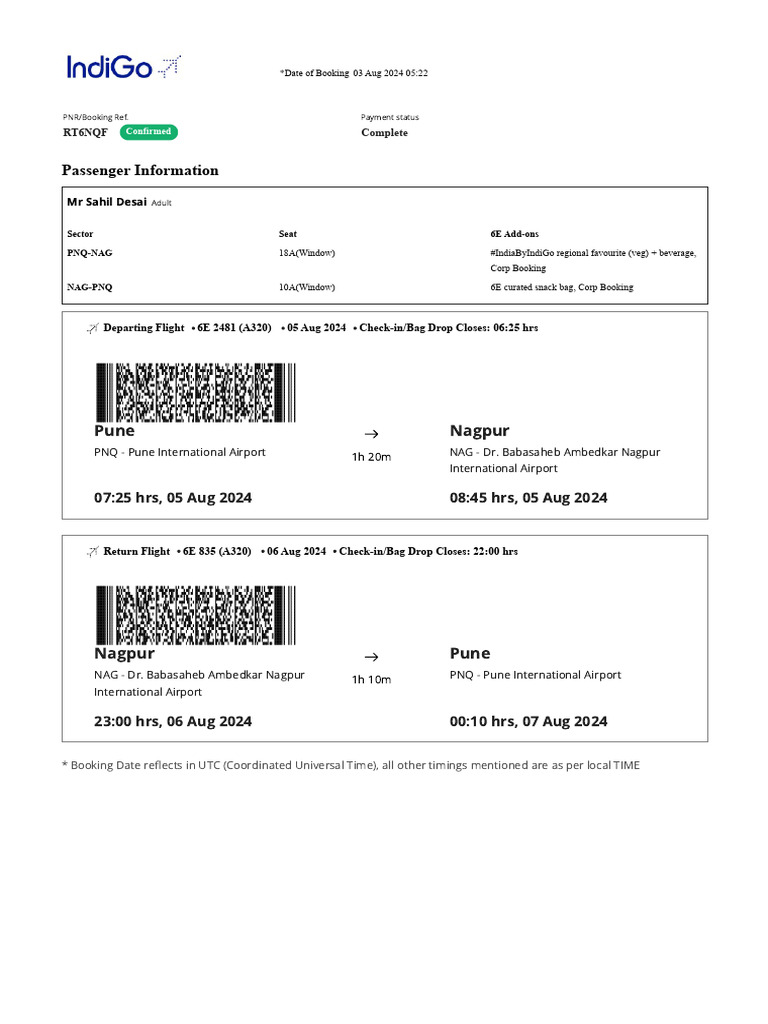 Indigo Air Ticket For Mr. Sahil Desai and Mr. Amit Kotalwar 05th July ...