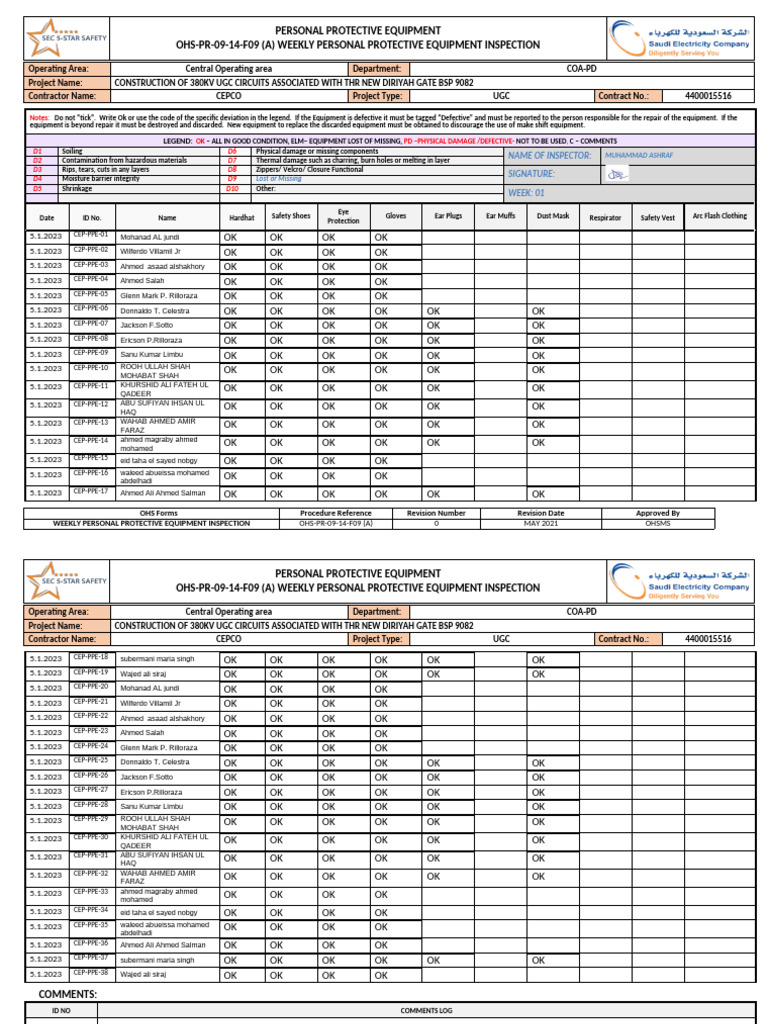 Weekly Personal Protective Equipment Inspection | PDF