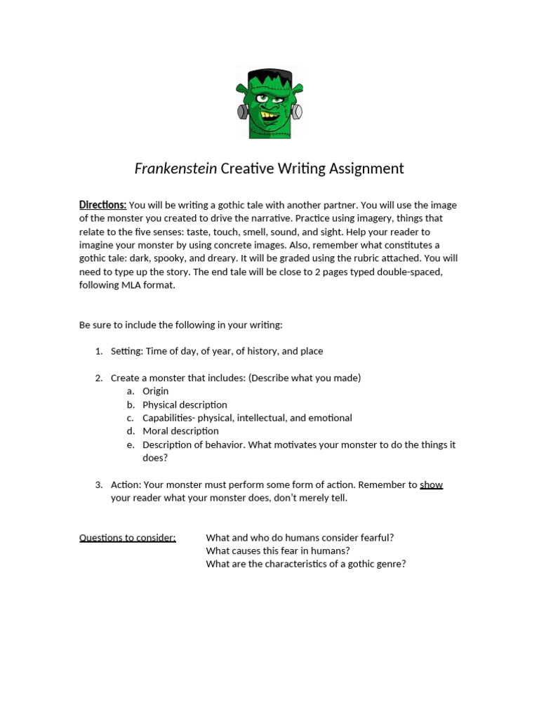 Frankenstein Creative Writing Assignment | PDF