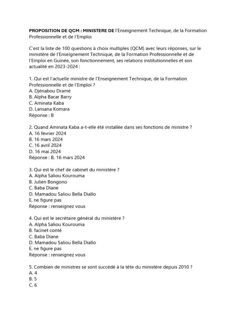 QCM Ministe Re de L'enseignement Technique Avec Reponses | PDF