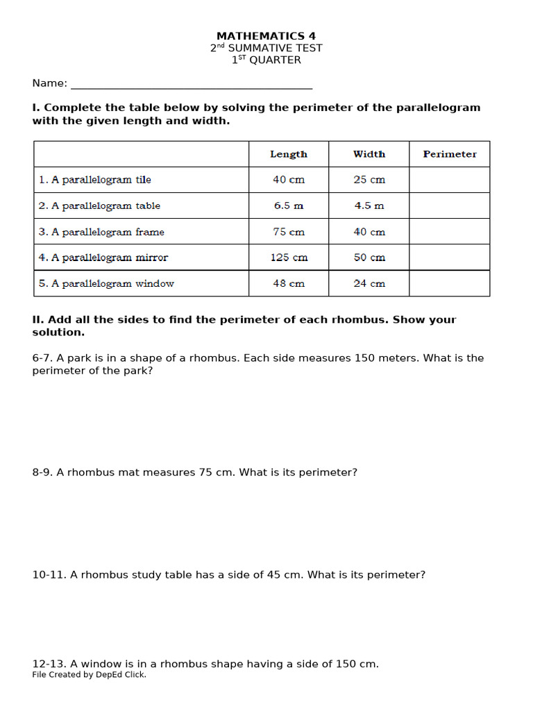 Math4 ST2 Q1 Matatag | PDF