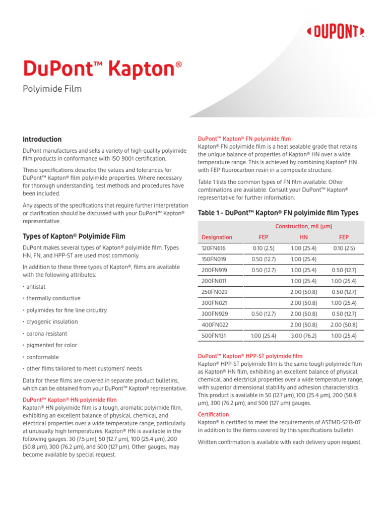 EI 10167 Kapton General Specifications | PDF | Ultimate Tensile ...
