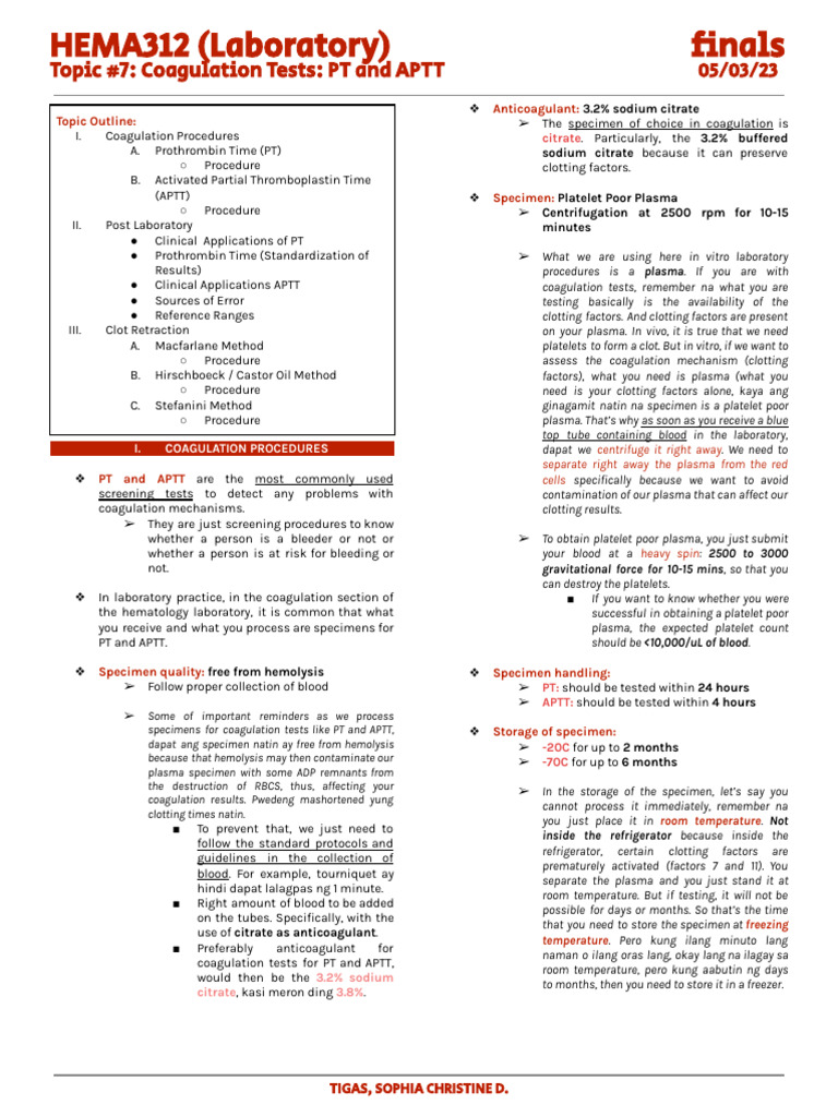 HEMA312LabTopic 7 - Coagulation Tests - PT & APTT | PDF | Coagulation ...