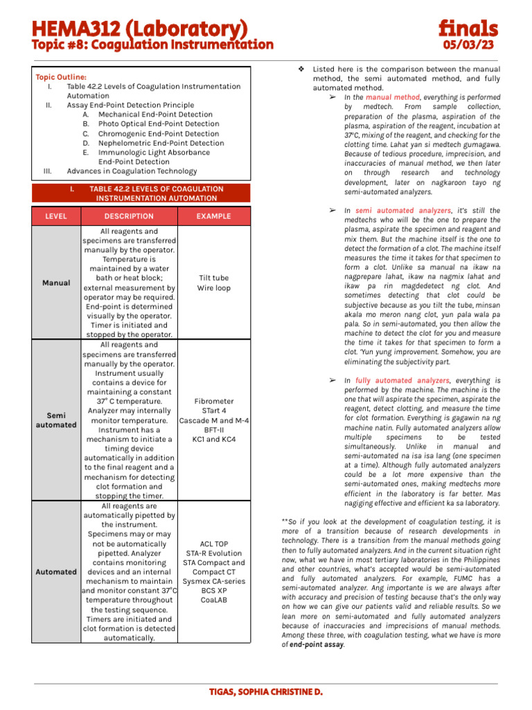 HEMA312LabTopic 8 - Coagulation Instrument | PDF | Coagulation | Enzyme Inhibitor