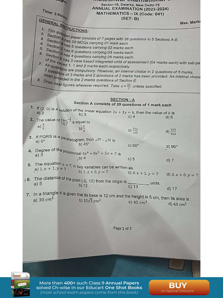 Apeejay School Paper 72 Maths | PDF