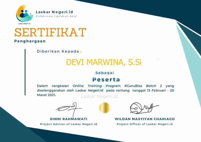 SERTIFIKAT TRAINING PROGRAM GURU BISA-1 | PDF