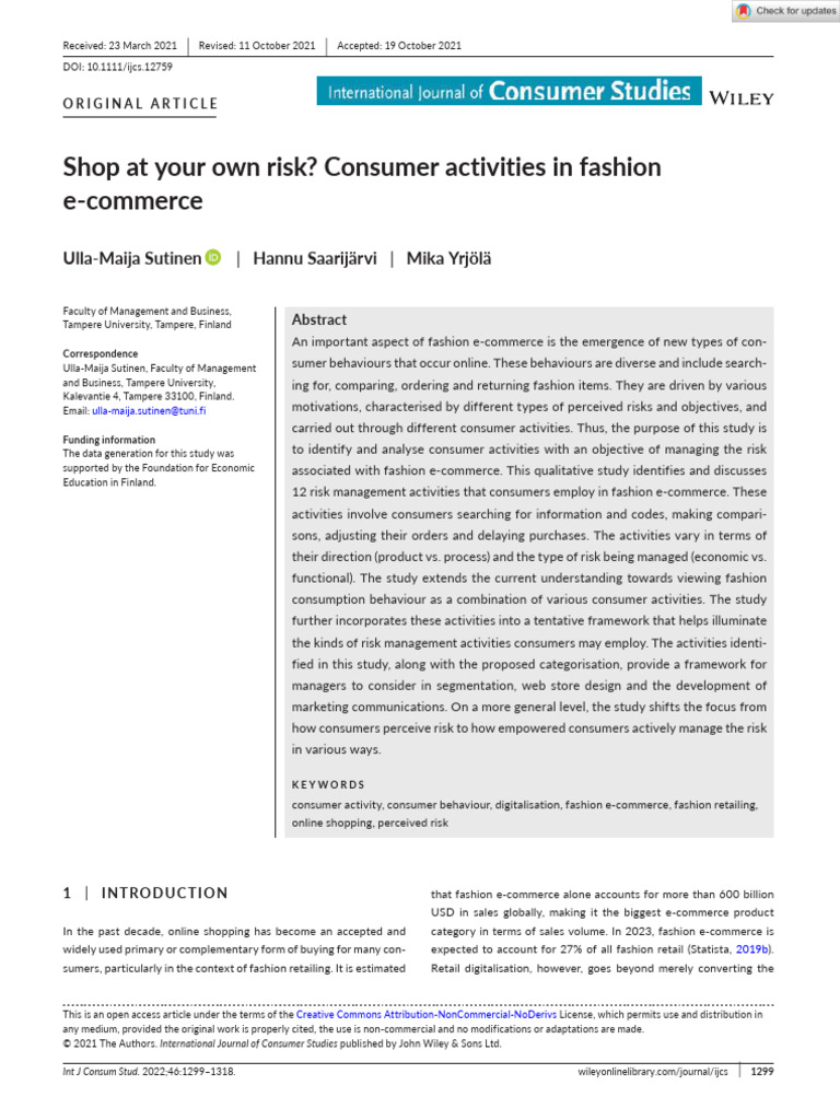 Int J Consumer Studies - 2021 - Sutinen - Shop at Your Own Risk Consumer Activities in Fashion e ...