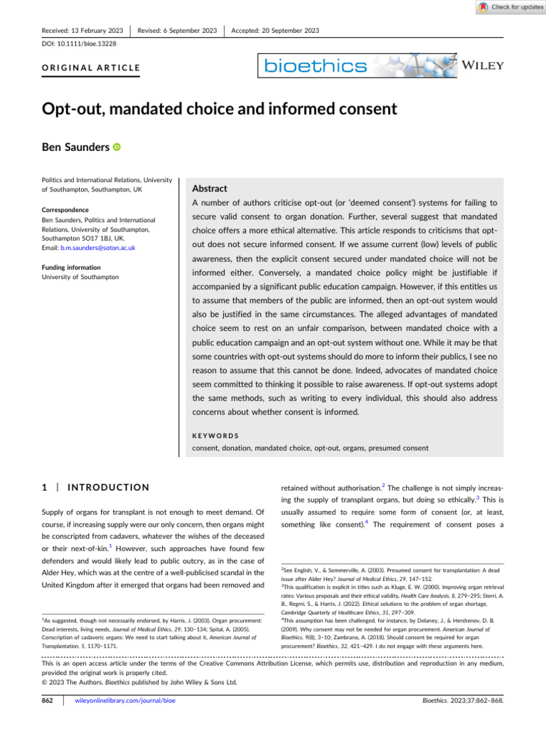 Bioethics - 2023 - Saunders - Opt Out Mandated Choice and Informed ...
