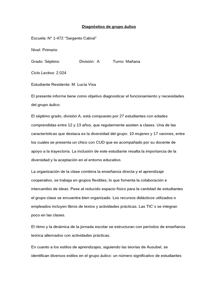 Informe Diagnóstico Grupo Clase 7mo | PDF