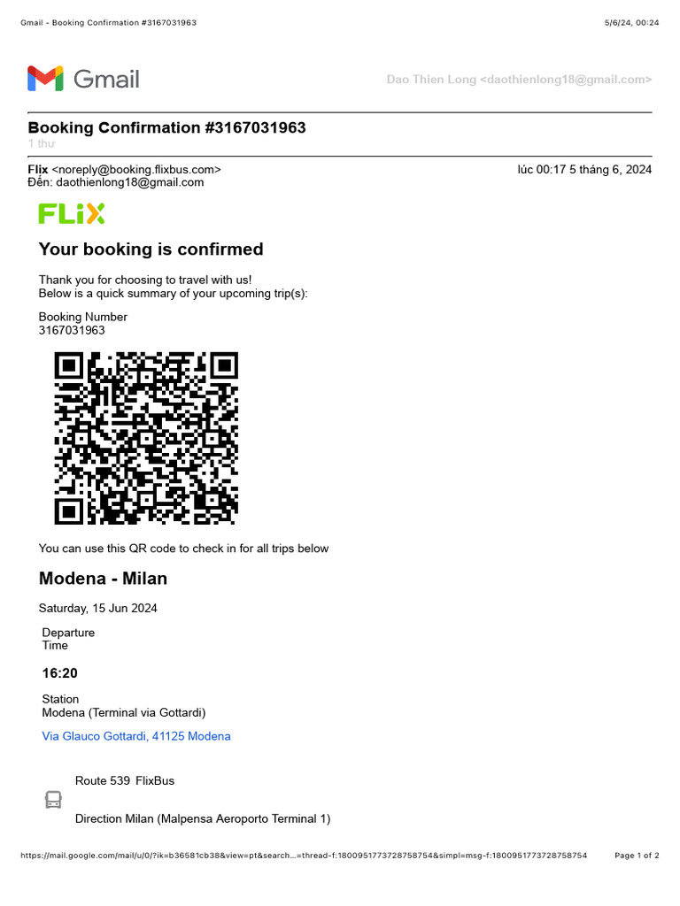 Gmail Booking Confirmation 3167031963 | PDF