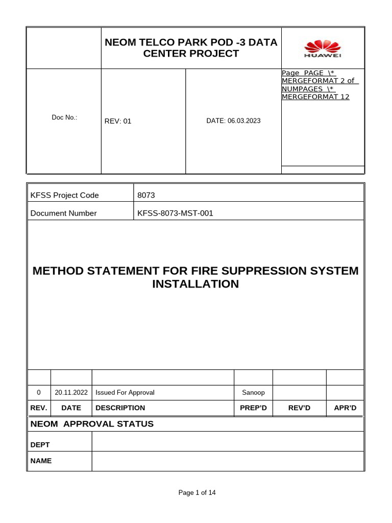 Method Statement For Installation of Fire Suppression System | PDF