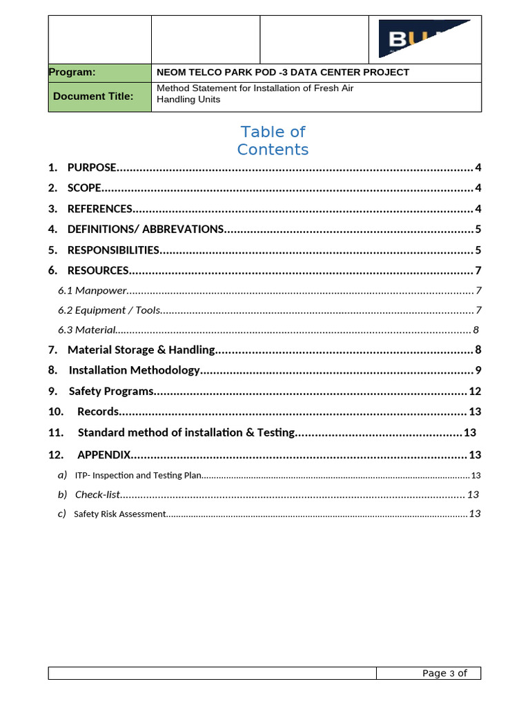 Method Statement For Installation of Fresh Air Handling Units (FAHU ...