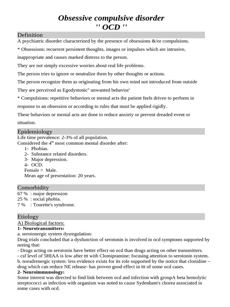 Obsessive Compulsive Disorder '' OCD '': A) Biological Factors | PDF