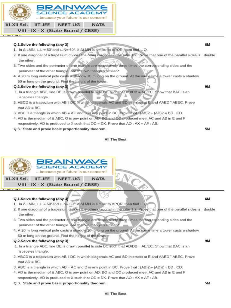 CT X CBSE Maths Triangles | PDF