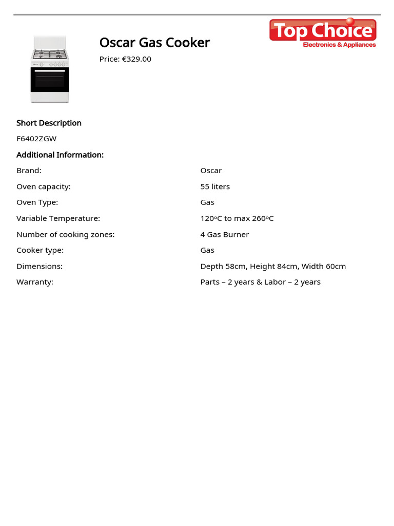 Oscar Gas Cooker | PDF