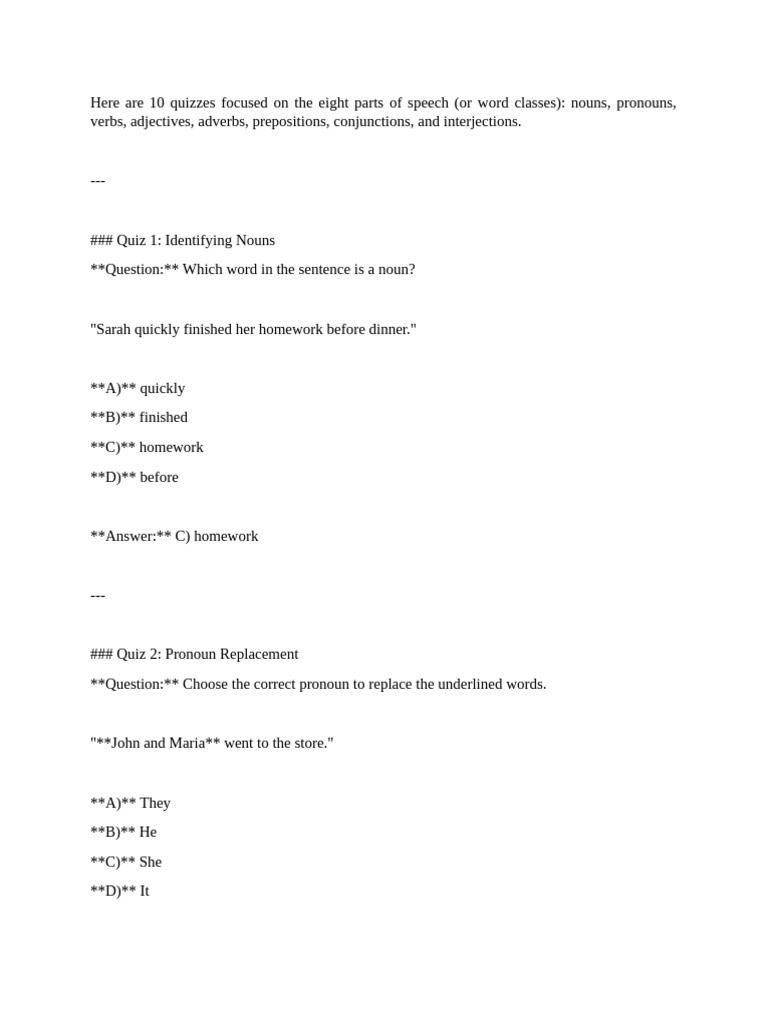 Word CLasses Quizzes | PDF