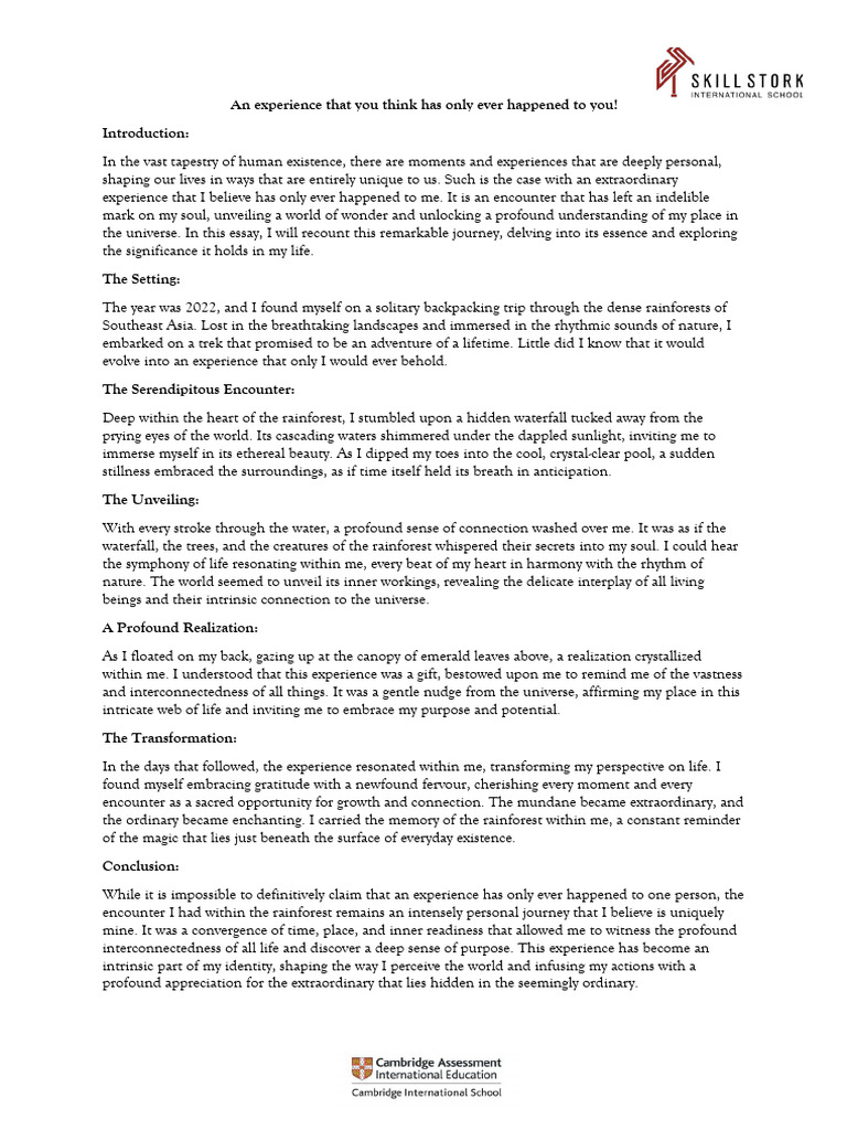 Sample Essay - An Experience | PDF