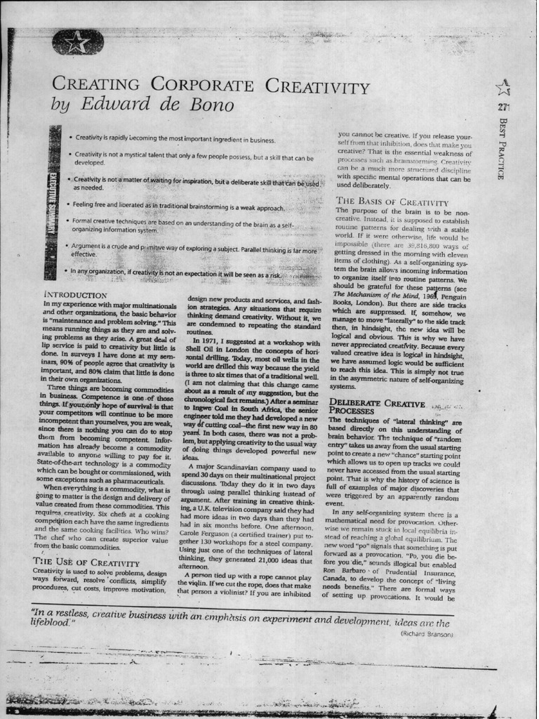 Creating Corporate Creativity by Edward de Bono | PDF