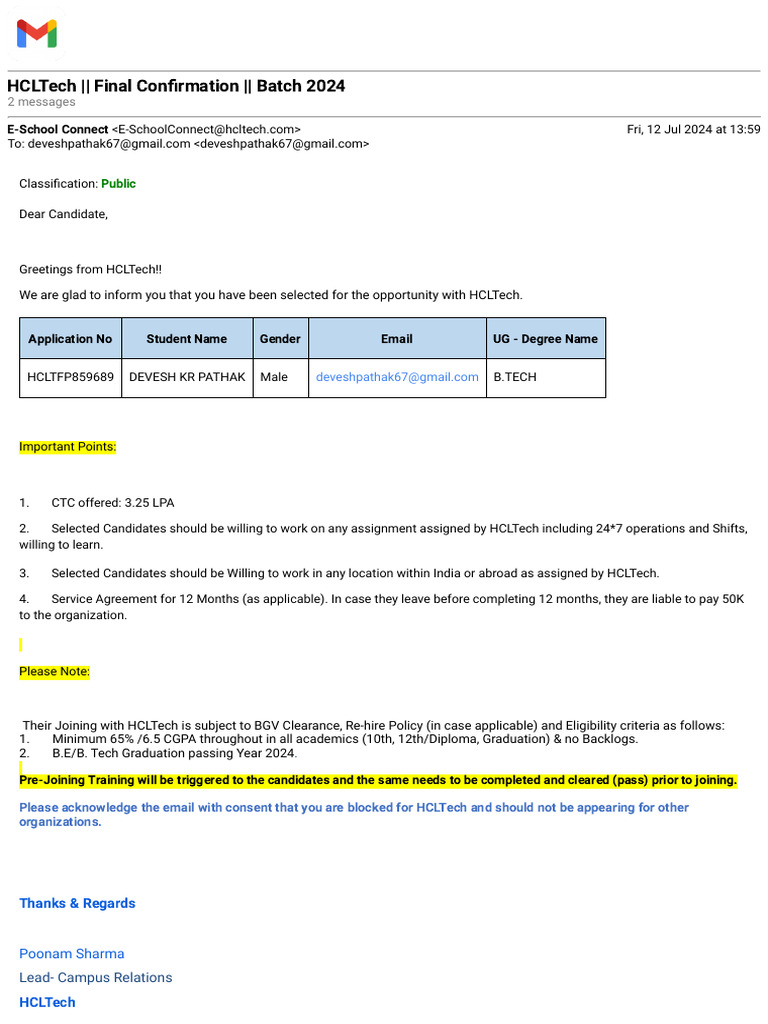 Gmail - HCLTech - Final Confirmation - Batch 2024 | PDF