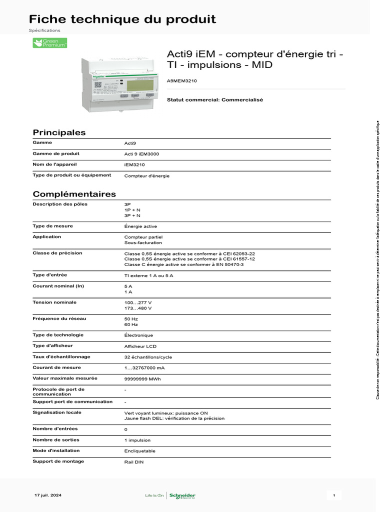 Schneider Electric - Acti9-Energy-Meters-iEM3000 - A9MEM3210 | PDF ...