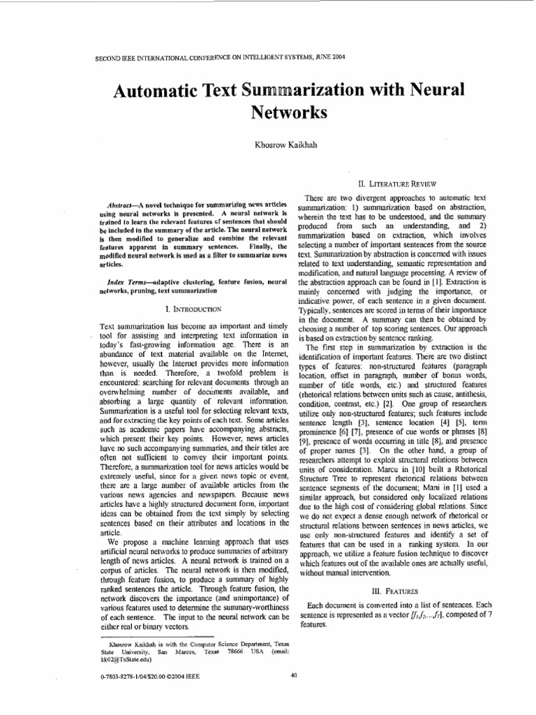 2automatic Text Summarization With Neural Networks | PDF | Artificial Neural Network | Computers