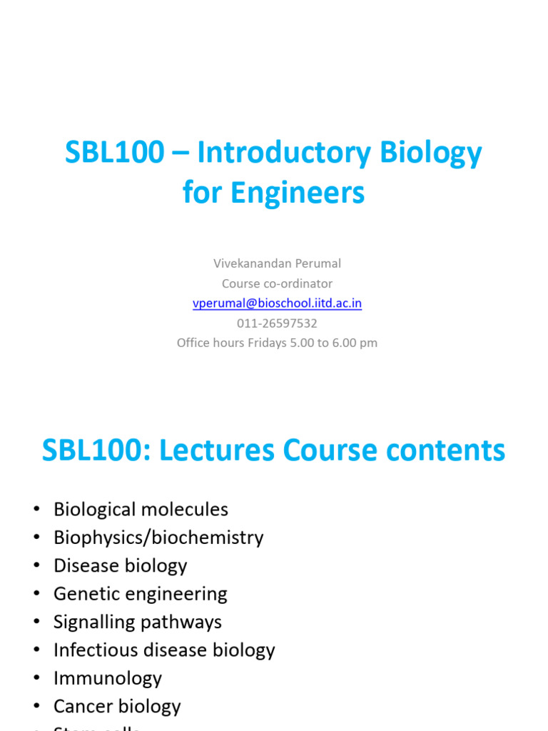 SBL100 - Introductory Biology For Engineers-Lecture 1 - 2024-v1 | PDF