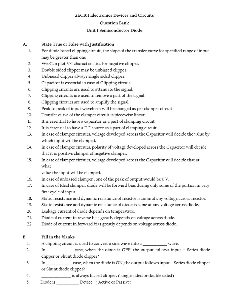 2EC101-EDC-Semiconductor Diode - Question Bank | PDF