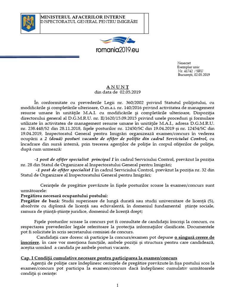 Anunt Concurs Ofiteri Serviciul Control | PDF