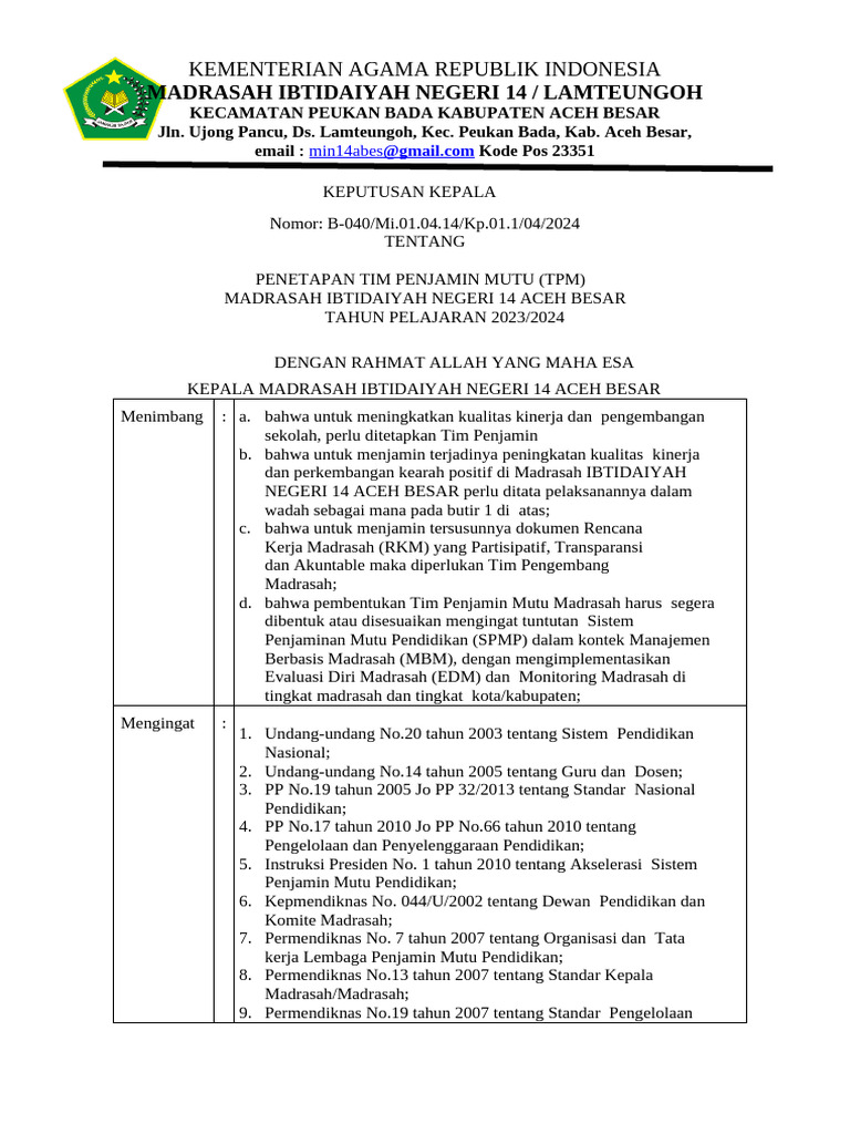 SK Tim Penjamin Mutu (TPM) 2024 | PDF