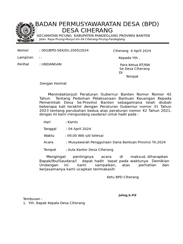 Surat Undangan Musdes Banprov 2024 | PDF
