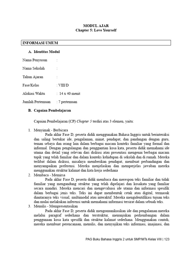 7.5 Modul Ajar Chapter 5 Bahasa Inggris Kelas 7 | PDF