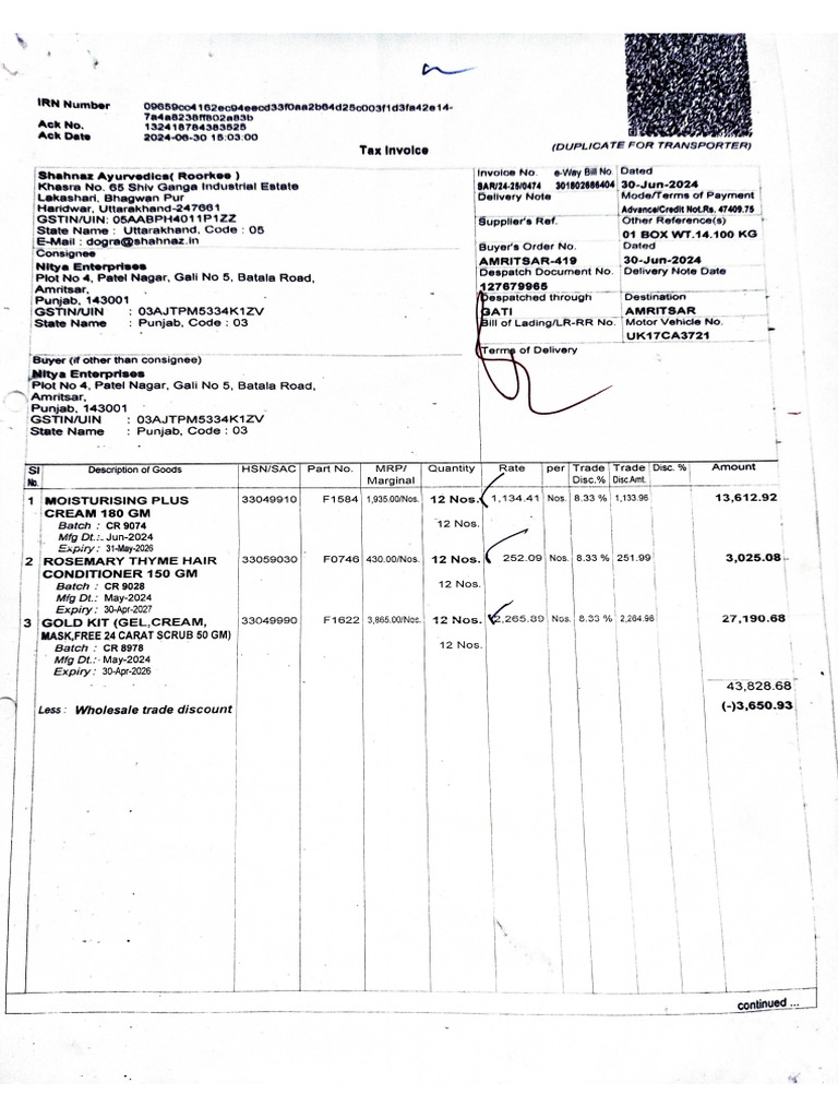 Nitya Enterprises - SHAHNAZ HUSAIN. Invoice | PDF