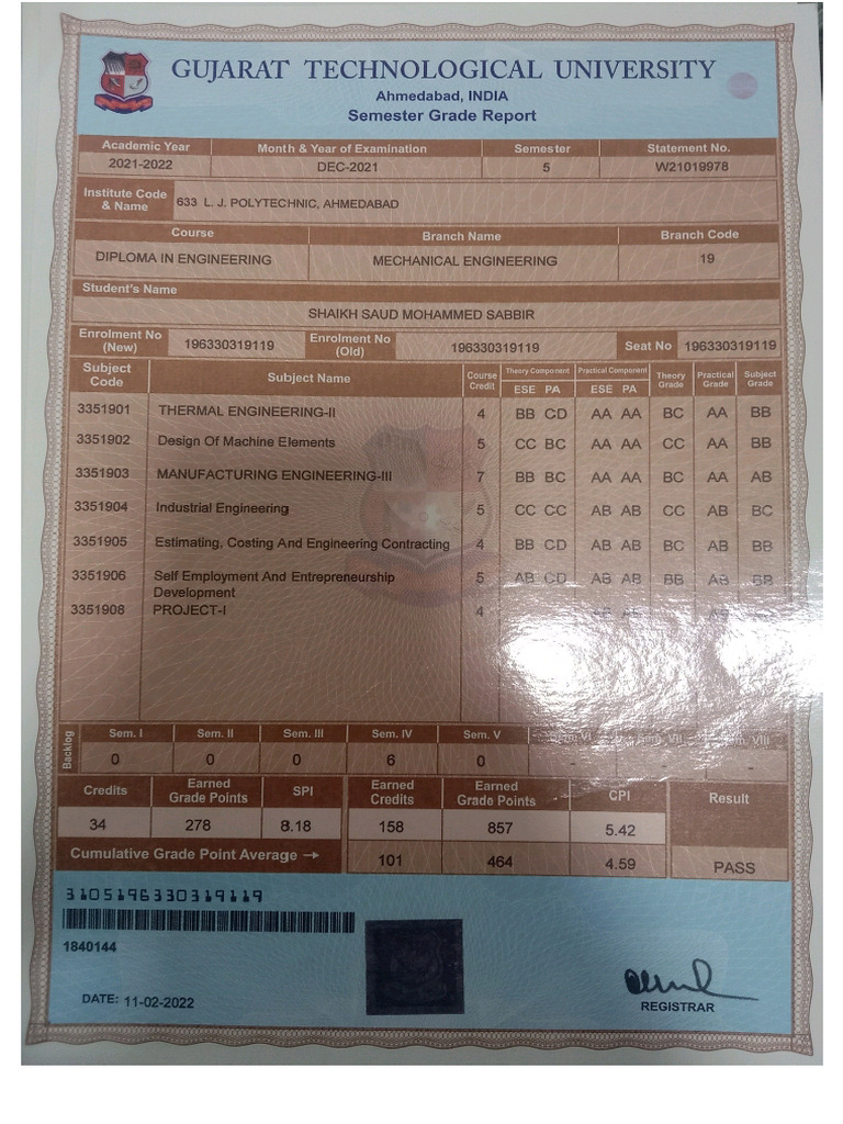 Marksheet Sem 5 | PDF