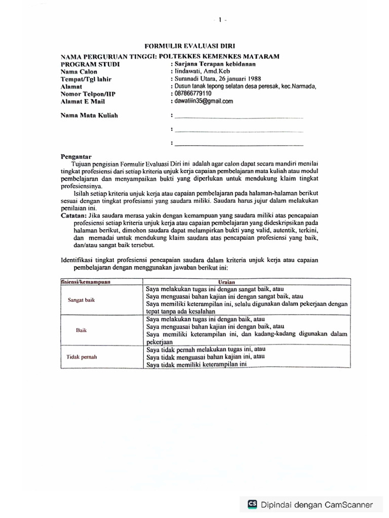 Form Evaluasi Diri | PDF