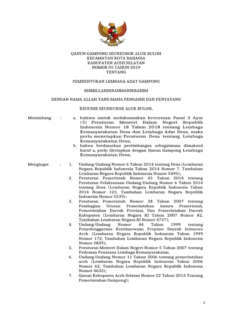 Qanun Lembaga Aadat Gampong | PDF
