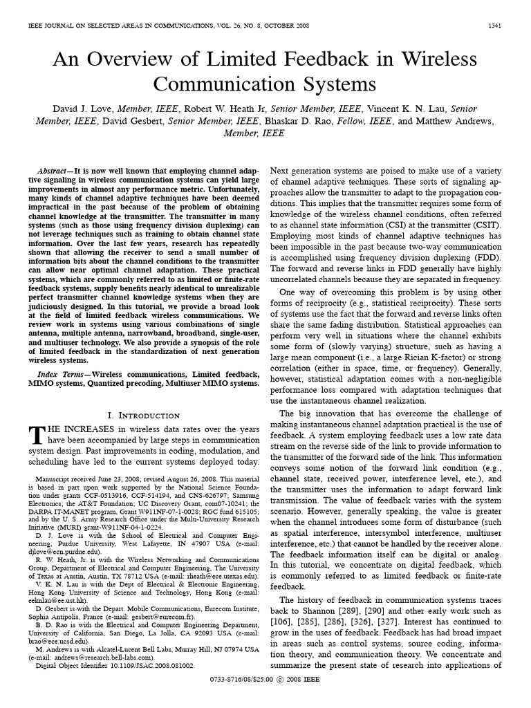 An Overview of Limited Feedback in Wireless Communication Systems | PDF