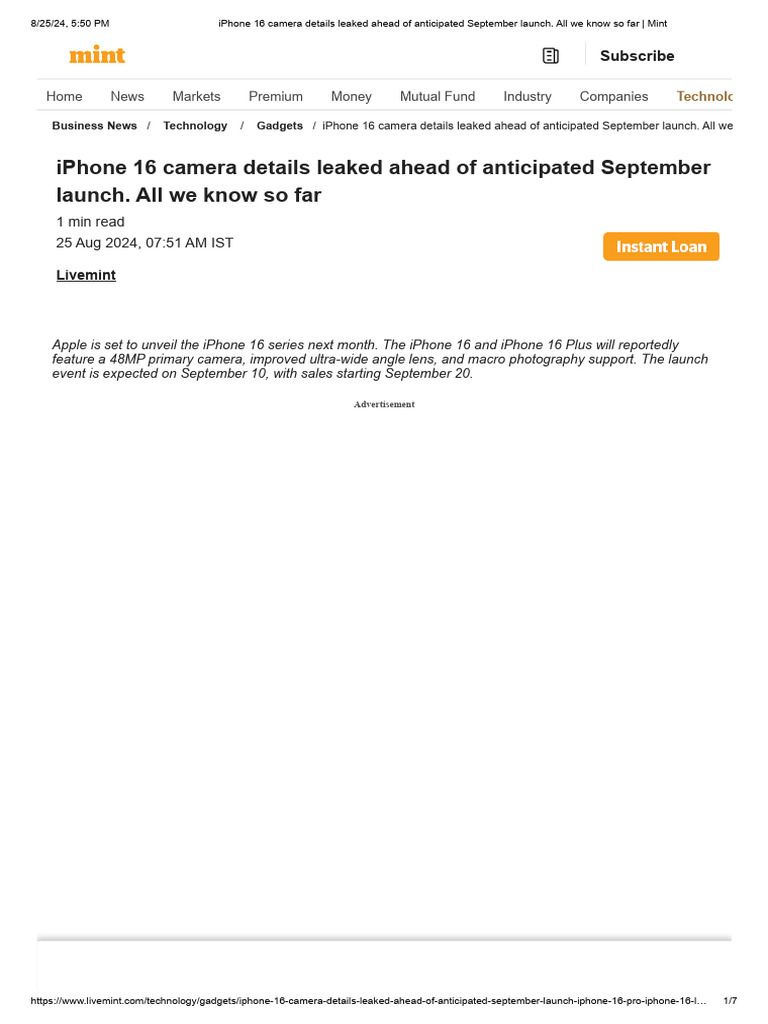 Iphone 16 Camera Details Leaked Ahead of Anticipated September Launch. All We Know So Far - Mint ...