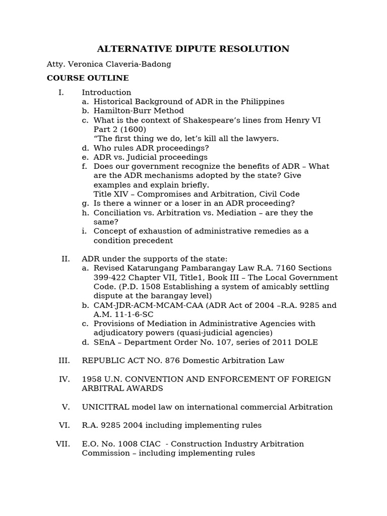 ALTERNATIVE DIPUTE RESOLUTION Course Outline VCB 2 | PDF