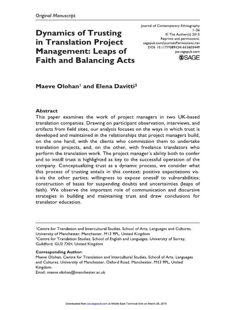 Dynamics of Trusting in Translation Project Management Leaps of Faith ...