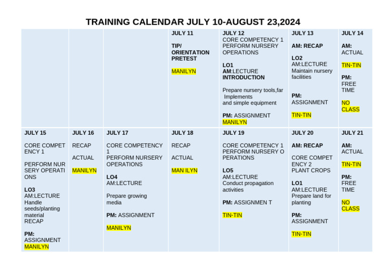 Training Calendar July 100 | PDF