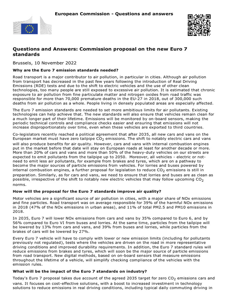 Questions and Answers Commission Proposal On The New Euro 7 Standards | PDF